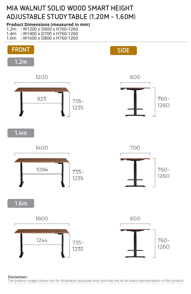 Mia Walnut Solid Wood Smart Height Adjustable Study Table ...